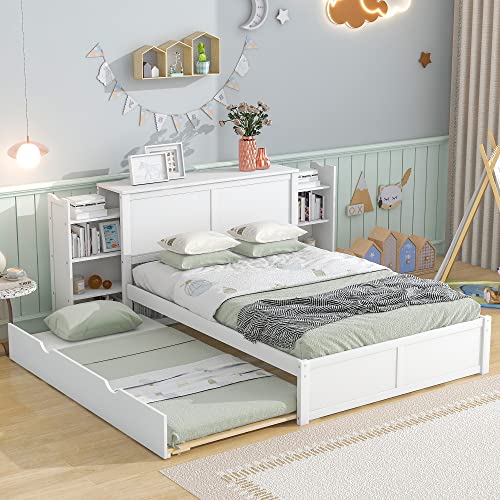 BIADNBZ Full Size Storage Bed Frame with Pull Out Shelves and Twin Trundle, Wooden Versatile Platform Bedframe w/Headboard, for Kids Teens Adults Bedroom, White