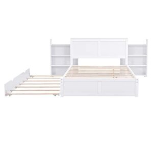 BIADNBZ Full Size Storage Bed Frame with Pull Out Shelves and Twin Trundle, Wooden Versatile Platform Bedframe w/Headboard, for Kids Teens Adults Bedroom, White