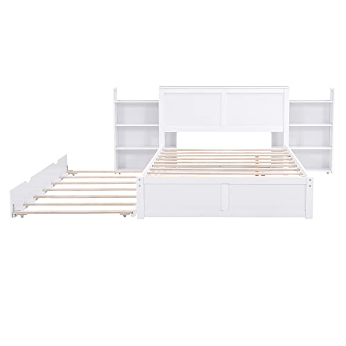 BIADNBZ Full Size Storage Bed Frame with Pull Out Shelves and Twin Trundle, Wooden Versatile Platform Bedframe w/Headboard, for Kids Teens Adults Bedroom, White