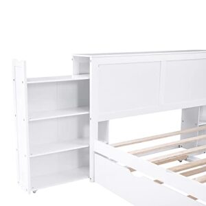 BIADNBZ Full Size Storage Bed Frame with Pull Out Shelves and Twin Trundle, Wooden Versatile Platform Bedframe w/Headboard, for Kids Teens Adults Bedroom, White