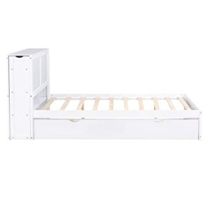 BIADNBZ Full Size Storage Bed Frame with Pull Out Shelves and Twin Trundle, Wooden Versatile Platform Bedframe w/Headboard, for Kids Teens Adults Bedroom, White