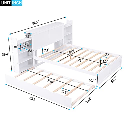 BIADNBZ Full Size Storage Bed Frame with Pull Out Shelves and Twin Trundle, Wooden Versatile Platform Bedframe w/Headboard, for Kids Teens Adults Bedroom, White