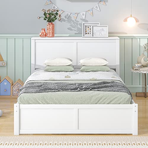 BIADNBZ Full Size Storage Bed Frame with Pull Out Shelves and Twin Trundle, Wooden Versatile Platform Bedframe w/Headboard, for Kids Teens Adults Bedroom, White