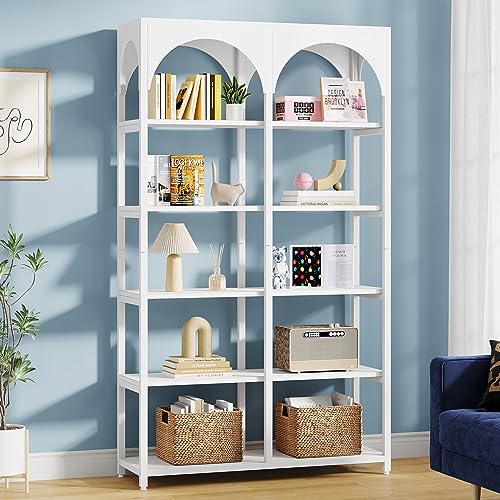 Tribesigns 5 Tiers White Tall Bookshelf: 70.9 Inches Modern Arched Display Shelves, Freestanding Wood and Metal Open Etagere Bookcase, Wall Book Shelf for Living Room Bedroom Office