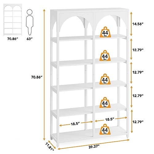 Tribesigns 5 Tiers White Tall Bookshelf: 70.9 Inches Modern Arched Display Shelves, Freestanding Wood and Metal Open Etagere Bookcase, Wall Book Shelf for Living Room Bedroom Office