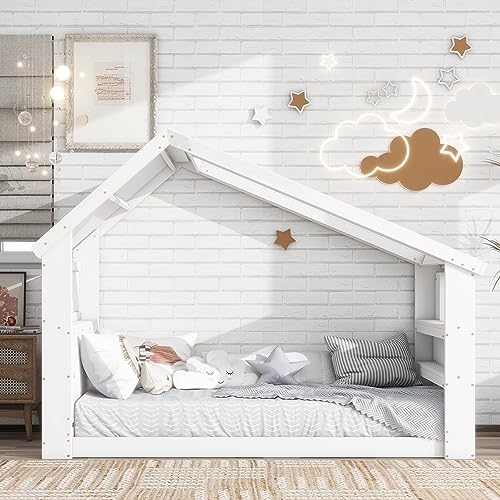 HAUSHECK Toddlers Montessori Bed Twin Size, Montessori Floor Bed with LED Light Strip, Roof and Window Design, House Bed Frame for Kids Boys, Girls, Wood Bed Frame with Headboard and Footboard