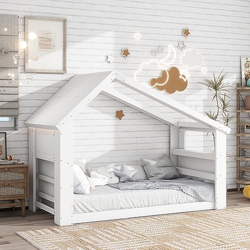 HAUSHECK Toddlers Montessori Bed Twin Size, Montessori Floor Bed with LED Light Strip, Roof and Window Design, House Bed Frame for Kids Boys, Girls, Wood Bed Frame with Headboard and Footboard