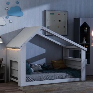 HAUSHECK Toddlers Montessori Bed Twin Size, Montessori Floor Bed with LED Light Strip, Roof and Window Design, House Bed Frame for Kids Boys, Girls, Wood Bed Frame with Headboard and Footboard