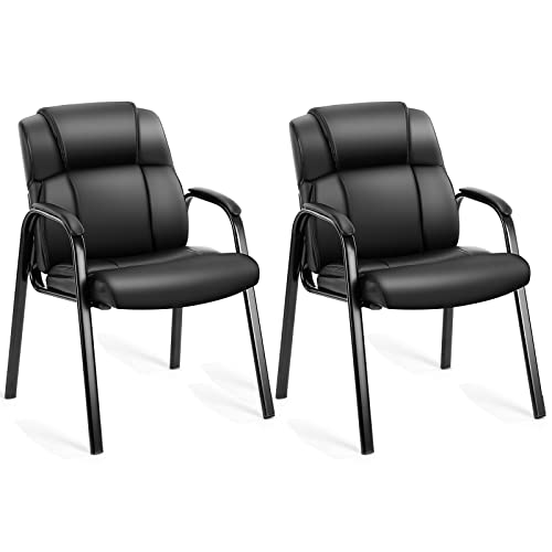 OLIXIS Office Desk Guest Wheels PU Leather Reception Chairs with Padded Arms and Metal Frame for Conference, 2 Pack, Black