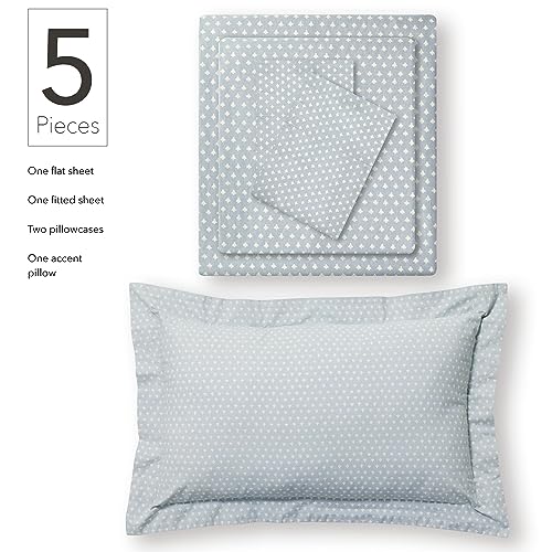 Nate Home mDesign by Nate Berkus 200TC 5-Piece Cotton Percale Sheet Set | from mDesign - Full Size - 1 Flat Sheet/1 Fitted Sheet/2 Standard Pillowcases/1 Accent Pillow, Limestone/Parchment