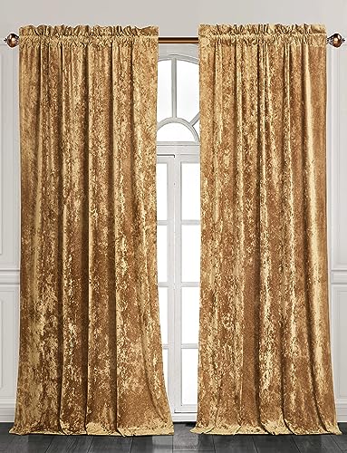 Chezmoi Collection Lux Caramel Gold Crushed Velvet Curtains 2 Panel Set - 96 inches Long Room Darkening Luxury Distressed Velvet Rod Pocket Window Drapes for Living Room Bedroom 50" W x 96" L