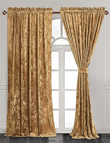 Chezmoi Collection Lux Caramel Gold Crushed Velvet Curtains 2 Panel Set - 96 inches Long Room Darkening Luxury Distressed Velvet Rod Pocket Window Drapes for Living Room Bedroom 50" W x 96" L