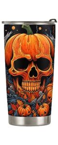 orcae 20oz halloween tumbler, skull tumbler, halloween pumpkin skull tumbler cup, insulated travel mug with lid, coffee thermos for men, women, halloween gifts - d