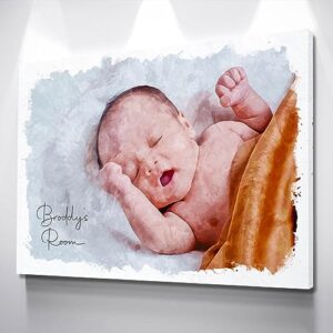 personalized baby watercolor canvas painting with name printed on premium gallery wall art - custom newborn portrait from photo (s - 11x14 inches)