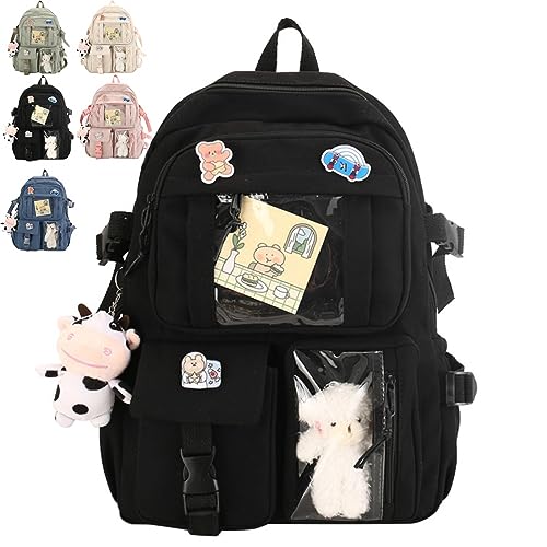 MQSHUHENMY Kawaii Backpack with Kawaii Pin and Accessories, Rucksack for Teen Girls School Bag, Aesthetic Backpack (Black)