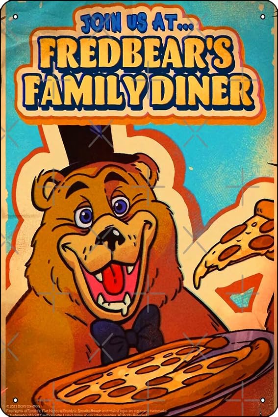 FNAF-Fredbear's Family Diner Pizza Poster 8 x 12 Inch Funny Metal Tin Sign Game Room Man Cave Wall Decor