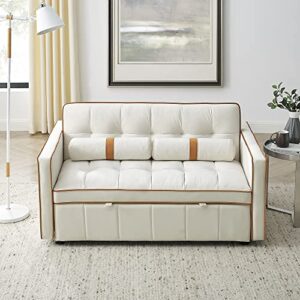 3 in 1 Sleeper Sofa Couch Bed, 55.5" Convertible Loveseat Futon Sofa,Adjustable Backrest, 2 Cylinder Pillows, Side Storage Pockets, Modern Pull Out Sleeper Sofa Bed for Office Living Room (Beige)