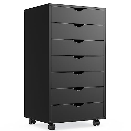 Sweetcrispy 7 Drawer Chest - Storage Cabinets with Wheels Dressers Wood Dresser Cabinet Mobile Organizer Drawers for Office, Bedroom, Home, Black