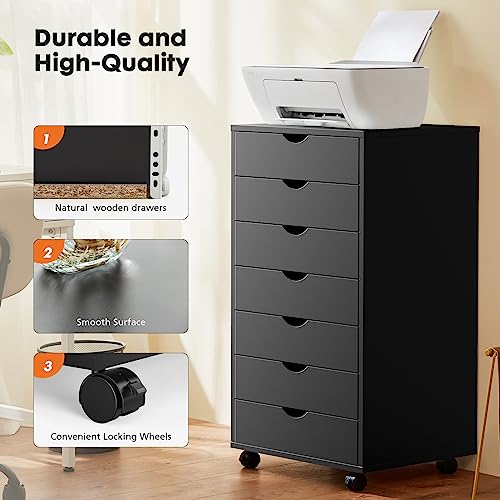 Sweetcrispy 7 Drawer Chest - Storage Cabinets with Wheels Dressers Wood Dresser Cabinet Mobile Organizer Drawers for Office, Bedroom, Home, Black