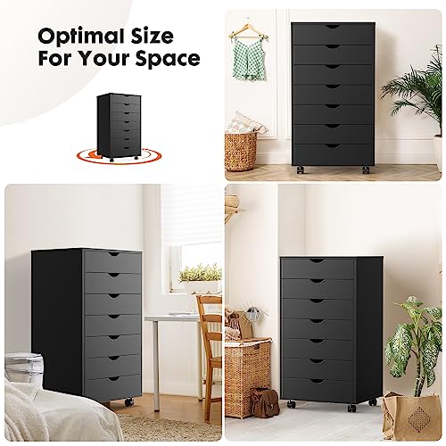 Sweetcrispy 7 Drawer Chest - Storage Cabinets with Wheels Dressers Wood Dresser Cabinet Mobile Organizer Drawers for Office, Bedroom, Home, Black