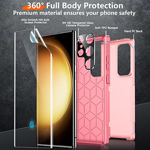 Red2Fire for Samsung Galaxy S23 Ultra Case, [Military Grade Shockproof] with 2Pack [Soft Screen Protector + Camera Protector] Heavy Duty Full Body Protection Phone Case for S23 Ultra Case 5G, Pink