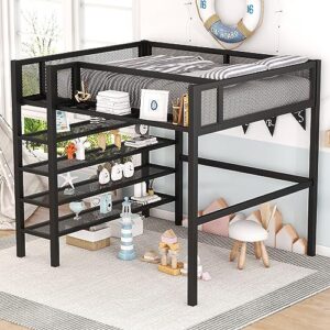 loft bed multifunctionl bed, metal full size loft bed frame with 4-tier open shelves, guardrail side storage shelf and mesh guardrails, kids adults bedroom furniture high loft storage bed (black bed)