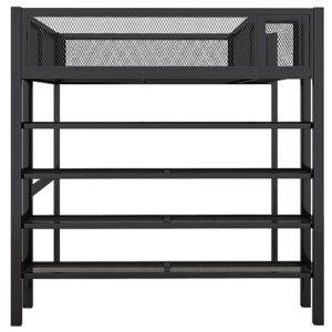 Loft Bed Multifunctionl Bed, Metal Full Size Loft Bed Frame with 4-Tier Open Shelves, Guardrail Side Storage Shelf and Mesh Guardrails, Kids Adults Bedroom Furniture High Loft Storage Bed (Black Bed)