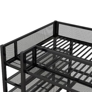 Loft Bed Multifunctionl Bed, Metal Full Size Loft Bed Frame with 4-Tier Open Shelves, Guardrail Side Storage Shelf and Mesh Guardrails, Kids Adults Bedroom Furniture High Loft Storage Bed (Black Bed)