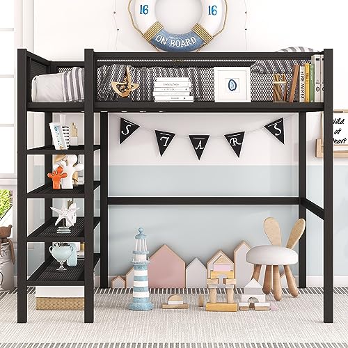 Loft Bed Multifunctionl Bed, Metal Full Size Loft Bed Frame with 4-Tier Open Shelves, Guardrail Side Storage Shelf and Mesh Guardrails, Kids Adults Bedroom Furniture High Loft Storage Bed (Black Bed)