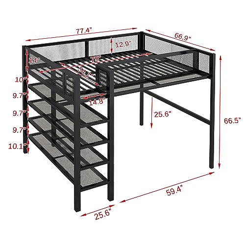 Loft Bed Multifunctionl Bed, Metal Full Size Loft Bed Frame with 4-Tier Open Shelves, Guardrail Side Storage Shelf and Mesh Guardrails, Kids Adults Bedroom Furniture High Loft Storage Bed (Black Bed)