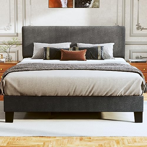 Fluest King Bed Frame Upholstered Bed Frame Platform with Adjustable Headboard Linen Fabric Headboard Wooden Slats Support/No Box Spring Needed/Easy Assembly/Mattress Foundation, Grey