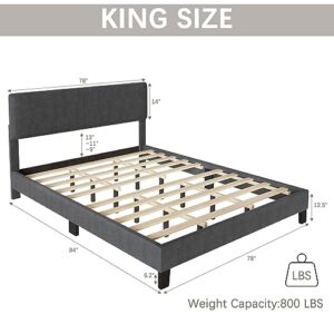 Fluest King Bed Frame Upholstered Bed Frame Platform with Adjustable Headboard Linen Fabric Headboard Wooden Slats Support/No Box Spring Needed/Easy Assembly/Mattress Foundation, Grey