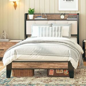 likimio twin bed frames, storage headboard with charging station, solid and stable, noise free, no box spring needed, easy assembly (walnut and beige)