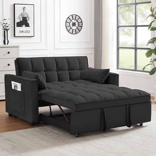 Lin-Utrend 55''Convertible Sleeper Sofa Couch with Adjustable Backrest, Modern Velvet 2 Seater Sofa with Pull-Out Bed with 2 Pillows, Small Love Seat Lounge Sofa Bed for Small Space (Black)