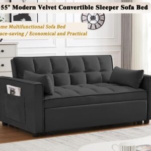 Lin-Utrend 55''Convertible Sleeper Sofa Couch with Adjustable Backrest, Modern Velvet 2 Seater Sofa with Pull-Out Bed with 2 Pillows, Small Love Seat Lounge Sofa Bed for Small Space (Black)