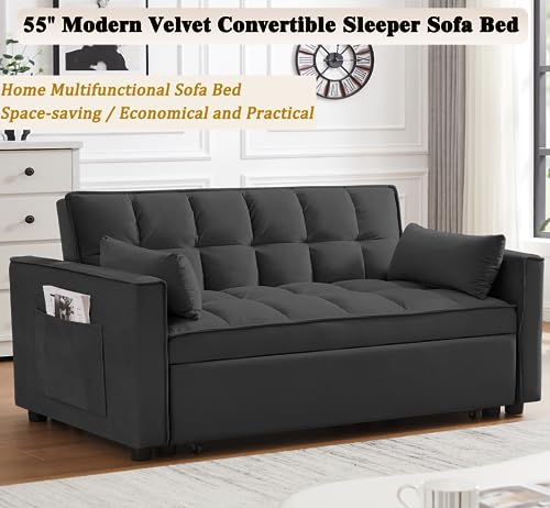 Lin-Utrend 55''Convertible Sleeper Sofa Couch with Adjustable Backrest, Modern Velvet 2 Seater Sofa with Pull-Out Bed with 2 Pillows, Small Love Seat Lounge Sofa Bed for Small Space (Black)