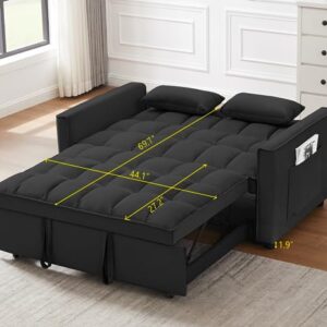 Lin-Utrend 55''Convertible Sleeper Sofa Couch with Adjustable Backrest, Modern Velvet 2 Seater Sofa with Pull-Out Bed with 2 Pillows, Small Love Seat Lounge Sofa Bed for Small Space (Black)