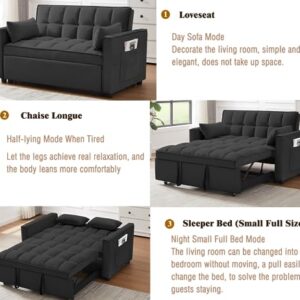 Lin-Utrend 55''Convertible Sleeper Sofa Couch with Adjustable Backrest, Modern Velvet 2 Seater Sofa with Pull-Out Bed with 2 Pillows, Small Love Seat Lounge Sofa Bed for Small Space (Black)