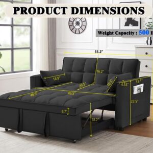 Lin-Utrend 55''Convertible Sleeper Sofa Couch with Adjustable Backrest, Modern Velvet 2 Seater Sofa with Pull-Out Bed with 2 Pillows, Small Love Seat Lounge Sofa Bed for Small Space (Black)