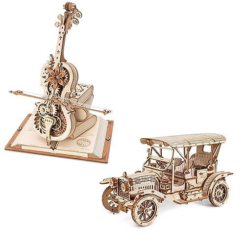 ROKR 3D Wooden Puzzles for Adults Bundle Set - Cello Music Box & Vintage Car Model Kit, Unique Gift Hobby for Boys Girls Family