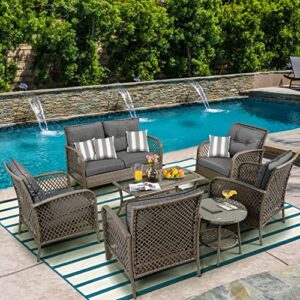 Auzfy Outdoor Patio Furniture Set, 7 Pieces PE Wicker Patio Conversation Sets, Rattan Outdoor Sectional Furniture Set with 4 Pillows & Coffee Table for Garden Backyard Deck, Grey Cushions