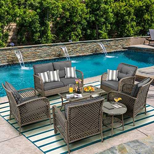 Auzfy Outdoor Patio Furniture Set, 7 Pieces PE Wicker Patio Conversation Sets, Rattan Outdoor Sectional Furniture Set with 4 Pillows & Coffee Table for Garden Backyard Deck, Grey Cushions