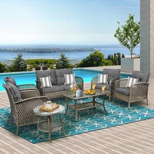 Auzfy Outdoor Patio Furniture Set, 7 Pieces PE Wicker Patio Conversation Sets, Rattan Outdoor Sectional Furniture Set with 4 Pillows & Coffee Table for Garden Backyard Deck, Grey Cushions