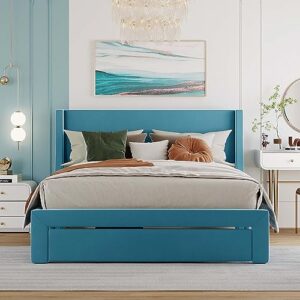 novaris queen size velvet upholstered platform bed frame with a big drawer, modern elegant platform bed with comfortable headboard & wood slats for bedroom girls, easy assemble (queen, blue)