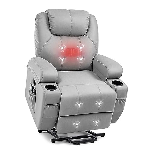 JUMMICO Power Lift Recliner Chair with Heat and Massage for Elderly Faux Leather Modern Reclining Sofa Chair with Cup Holders, Remote Control, Adjustable Furniture (Light Gray)