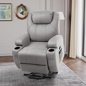 JUMMICO Power Lift Recliner Chair with Heat and Massage for Elderly Faux Leather Modern Reclining Sofa Chair with Cup Holders, Remote Control, Adjustable Furniture (Light Gray)