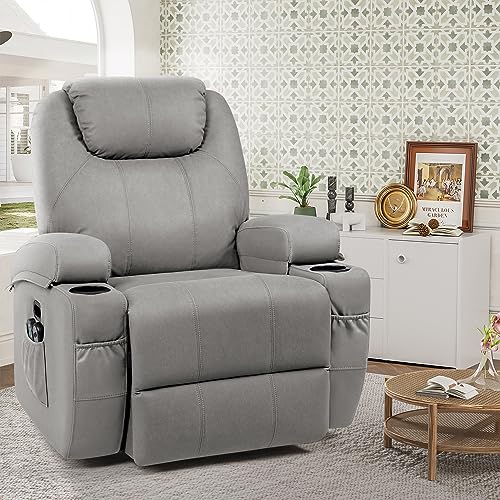 JUMMICO Power Lift Recliner Chair with Heat and Massage for Elderly Faux Leather Modern Reclining Sofa Chair with Cup Holders, Remote Control, Adjustable Furniture (Light Gray)