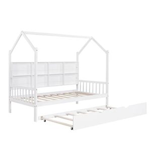 Wood Twin Bed w/ Trundle, Open Shelf & Roof for Boys Girls, House Bed w/ Trundle Bookcase & Wood Support Slats, No Box Spring Needed, Boys Girls Twin House Bed w/ Shelf Bookcase for 2 Kids Bedroom