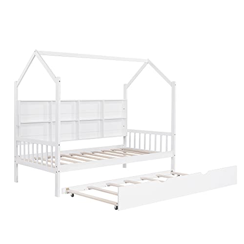 Wood Twin Bed w/ Trundle, Open Shelf & Roof for Boys Girls, House Bed w/ Trundle Bookcase & Wood Support Slats, No Box Spring Needed, Boys Girls Twin House Bed w/ Shelf Bookcase for 2 Kids Bedroom