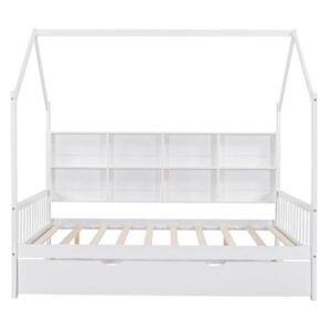 Wood Twin Bed w/ Trundle, Open Shelf & Roof for Boys Girls, House Bed w/ Trundle Bookcase & Wood Support Slats, No Box Spring Needed, Boys Girls Twin House Bed w/ Shelf Bookcase for 2 Kids Bedroom